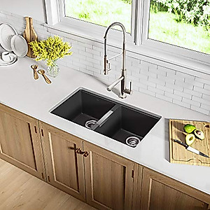 Kraus KGU-434B Undermount 50/50 Double Bowl Granite Kitchen Sink, 32.5-Inch, Black