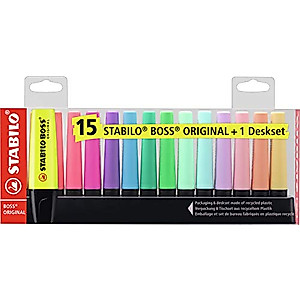 STABILO BOSS Original Fluorescent and Pastel Highlighters – Deskset of 15 Assorted Colours