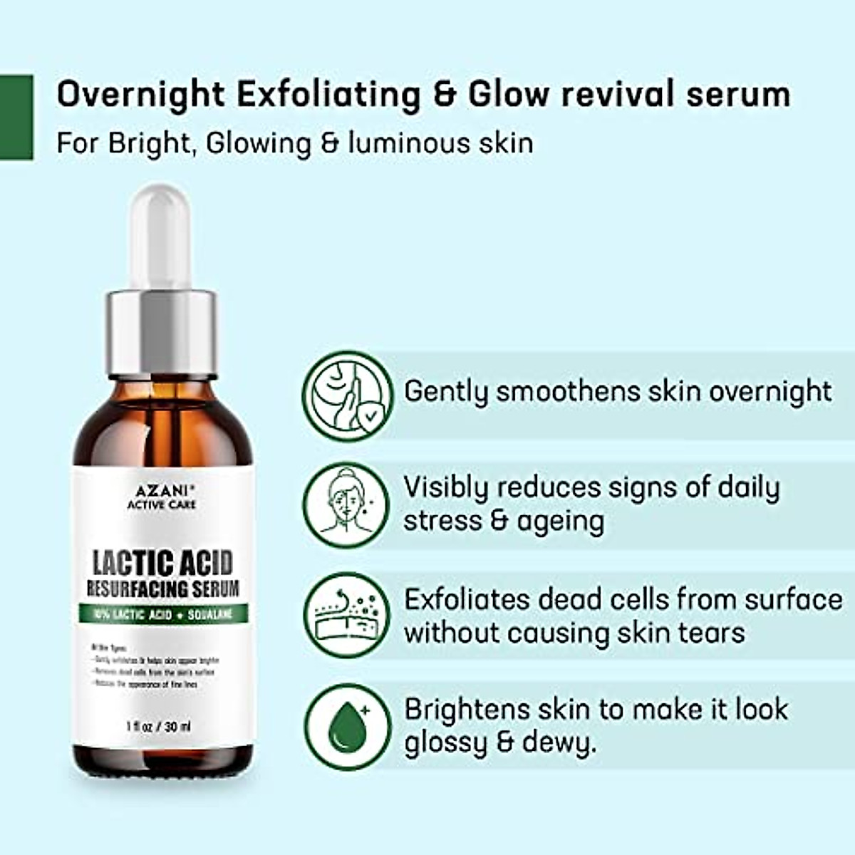 Azani 10% Lactic Acid + Squalane Resurfacing - 1.01 Oz Serum | Face Exfoliating AHA to Soften and Smooth Skin, Brighten Complexion and Diminish Fine Lines & Wrinkles - Women & Men