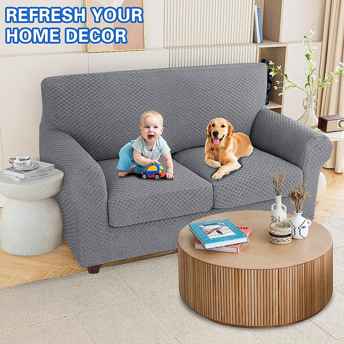 MAXIJIN 3 Piece Jacquard Couch Covers for 2 Cushion Couch Stretch Non Slip Love Seat Couch Cover for Dogs Pet Friendly Elastic Furniture Protector Loveseat Slipcovers (Loveseat, Light Gray)