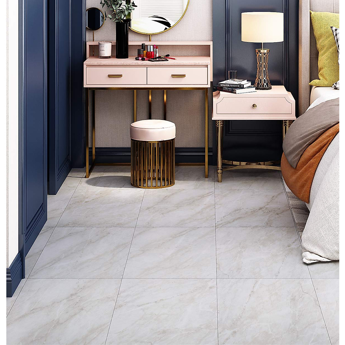 Livelynine 32 Pack Peel and Stick Floor Tile 12X12 Inch Light Grey Marble Peel and Stick Vinyl Flooring Sheet Kitchen Flooring Tiles Bathroom Stick on Floor Tile Stickers Bedroom Laminate Linoleum