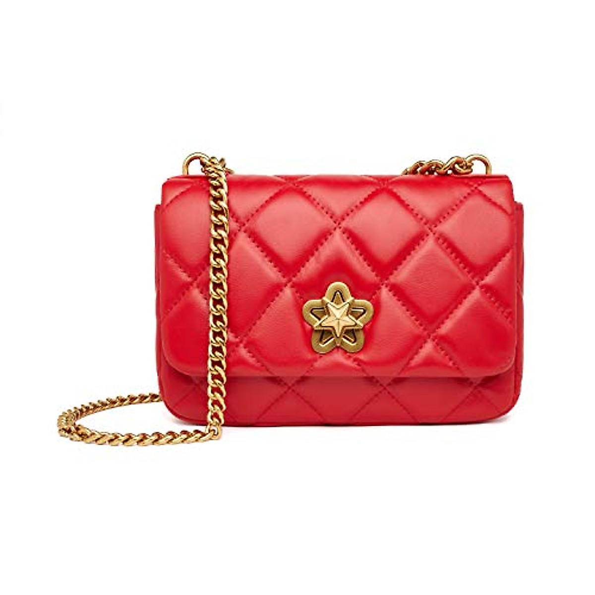 Women Quilted Crossbody Bag Genuine Leather Clutch Purse with Chain Strap Ladies Small Shoulder Handbags - Star Red