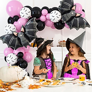 HOUSE OF PARTY Halloween Bat Balloon Garland Kit, 18/12/10/5 inch Black Pink White Balloons Arch with 2 Pcs 40'' Large Bat Foil Balloon, Bat Latex Balloons for Indoor Halloween Party Decorations