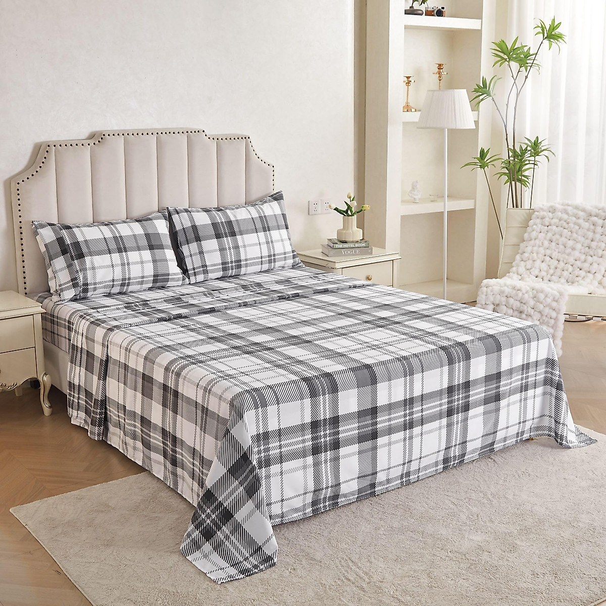 Mooreeke Queen Sheets, Queen Grey Plaid Bed Sheet Set with Deep Pocket Non-Slip Fitted Sheet, Checked Microfiber Bedding Sheets & Pillowcases