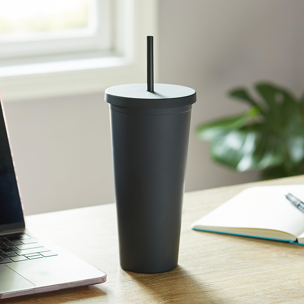 Zephyr Canyon 24oz Matte Black Tumblers with Lids and Straws - Pastel Double Wall Tumbler - Insulated Acrylic Cups for Hot & Cold Drinks, Spill-Proof Reusable Iced Coffee Cup, Set of 6