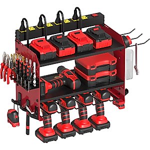 CFMASTER Power Tool Organizer Wall Mount wtih Charging Station,Garage 4 Drill Holder Wall Mount with 8 Outlet Power Strip,Heavy Duty Tool Rack with Hooks,Screwdriver Organizer in Workshop,Workbench