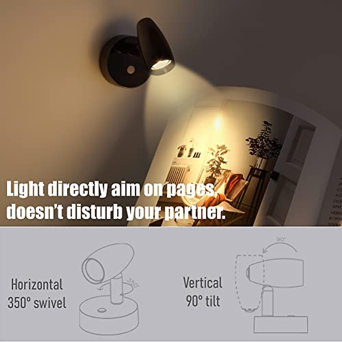 Obeaming RV Reading Light 12V Swivel LED Spotlight with Quick USB Charger& Blue Nightlight, Camper Van Travel Trailer Bed Reading Light, 12-24VDC Hard-Wired (Gloss Black)