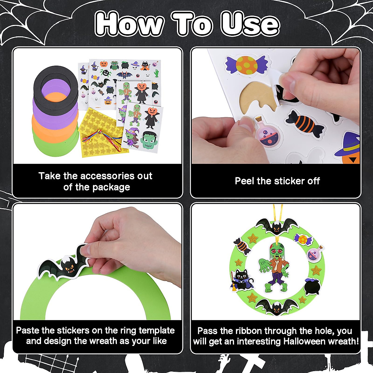 Fennoral 8 Pack Halloween Wreath Craft Kit for Kids Make You Own Halloween Wreath Foam Sticker DIY Halloween Arts and Crafts for Girls Boys Party Activities Art Ornament Halloween Decoration Supplies