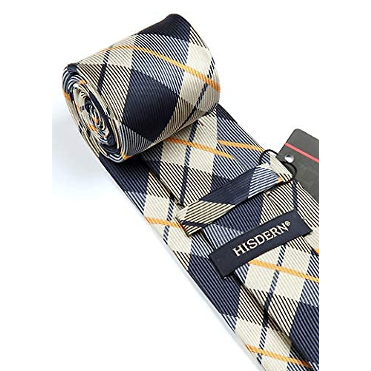 HISDERN Ties for Men Brown Plaid Tie Pocket Square Set Extra Long Mens Neckties and Handkerchief Formal Silk Checkered 63'' Necktie for Business