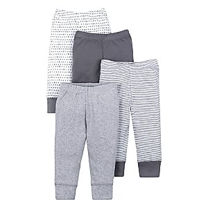 Lamaze Organic Baby Baby Infant Pull On Jogger 4 Pack Pants, Grey Solid/Striped, Newborn
