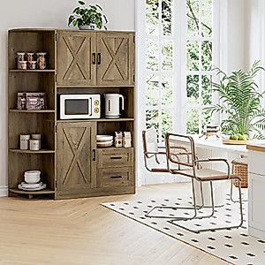 HOSTACK 60.4" Farmhouse Kitchen Pantry Storage Cabinet, Freestanding Hutch with Doors & Shelves, Buffet Sideboard with Microwave Stand, Coffee Bar with Drawers, Cupboard for Dining Room, Rustic Brown