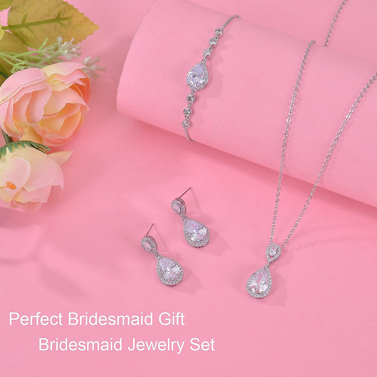 DHQH 4PCS Wedding Jewelry for Bridesmaid Cubic Zirconia Teardrop Necklace Earrings Bracelet Ring Set Bridesmaid Jewelry Set for Women Party Jewelry Gift