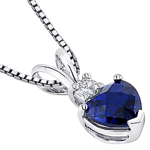 PEORA Solid 14K White Gold Created Blue Sapphire with Genuine Diamond Pendant for Women, Heart Shape Solitaire, 6mm, 1.20 Carats total
