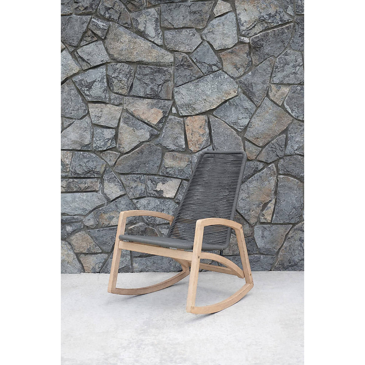 Creative Co-Op Indoor/Outdoor Teak Wood & Woven Rope Rocking Chair, Grey