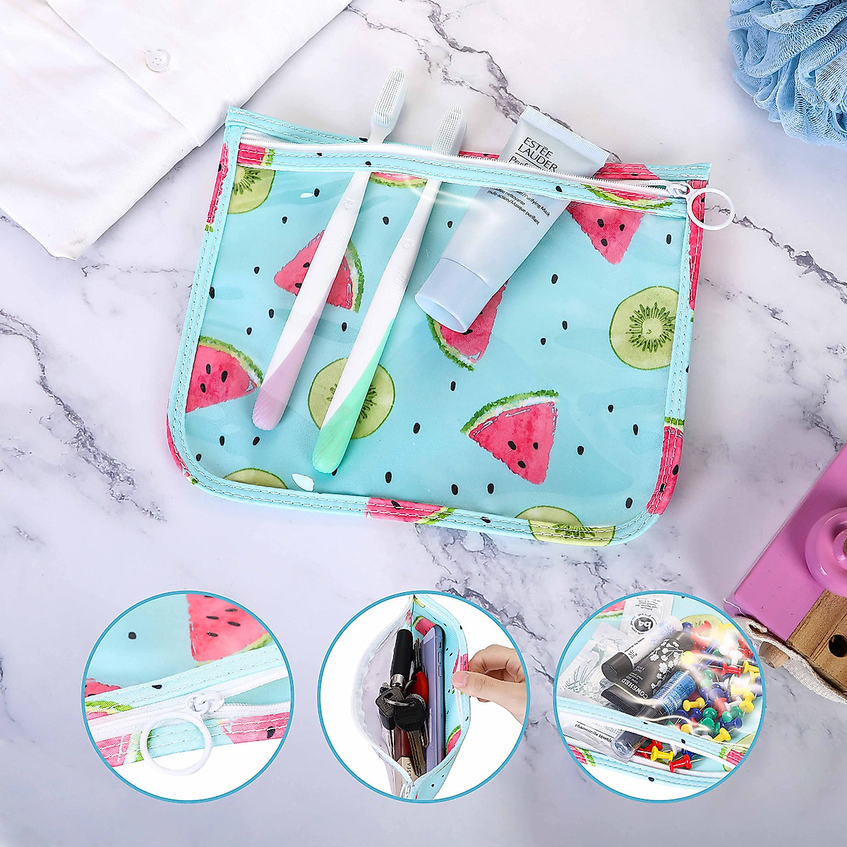 EzPacking Clear Zipper Pouches (Set of 2) / Transparent Reusable PVC Organizers for Women’s Purse or Tote Bag/Cute Slim Flat Japanese Style Watermelon Cactus Pouch for Travel (Cactus)