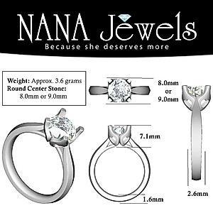 NANA Jewels Heart & Soul Silver 9.0mm (3ct) Round Cut Zirconia Solitaire Engagement Ring - Platinum Plated - Size 7