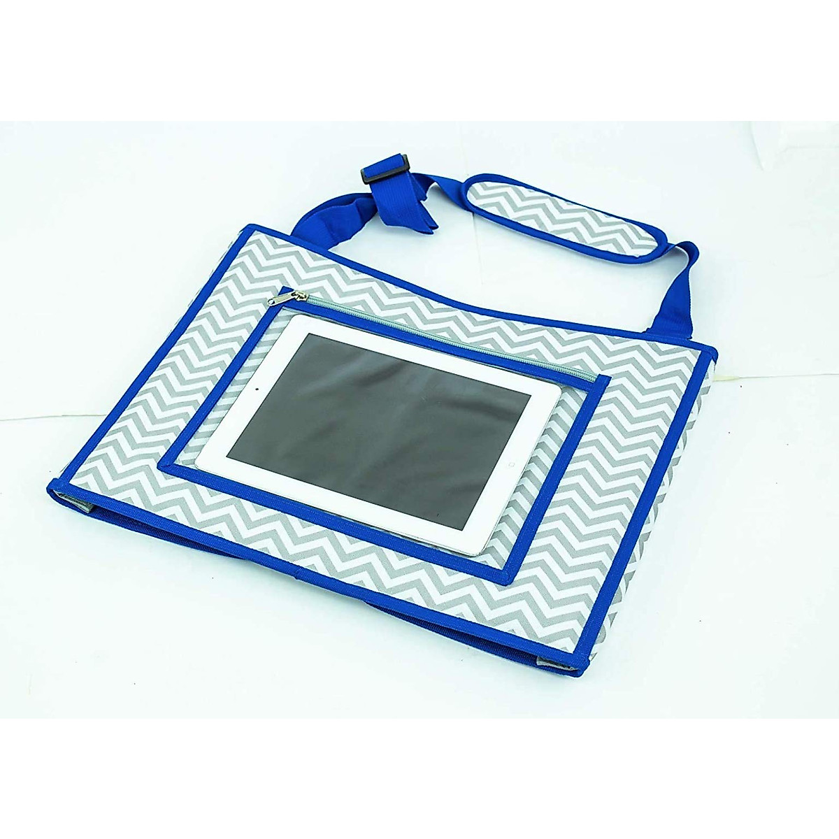 Thr33E Car Seat Kids Travel Tray - Travel Lap Desk Active Accessory for Child’s - Kids Tablet iPad Holder Stand Art Storage Pockets (Blue)