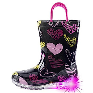 HugRain kids Girls Rain Boots Toddler Light Up Printed Waterproof Shoes Lightweight Adorable Cute Pink Heart Rubber with Easy-On Handles and Insole (Size 2,Black)