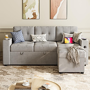 Sofa Bed- 2 in 1 Pull Out Couch Bed with Storage Space and Arms,Sleeper Sofa with Pull Out Bed,L-Shaped Sofa Couch Bed,1 USB-A, 1 Type-C,Pull Out Couch for Living Room ,Linen Sectional Sofa,Grey
