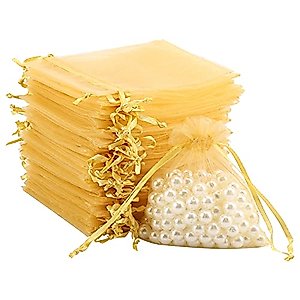 acDesign Jewelry Bags Drawstring 200Pcs Organza Bags 4x4.72 Wedding Favor Bags for Candy Jewelry Makeup Pouches(Golden)