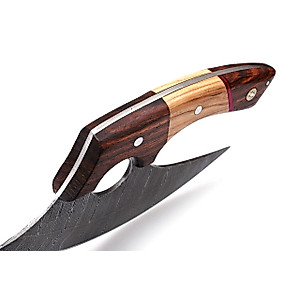 Bushcraft Custom Handmade Damascus Steel Ulu Knife - Best Alaskan Damascus Ulu Knife With Sheath - Multi-Purpose Damascus Knives For Skinning, Hunting, Chopping, (Rose Wood & Olive)