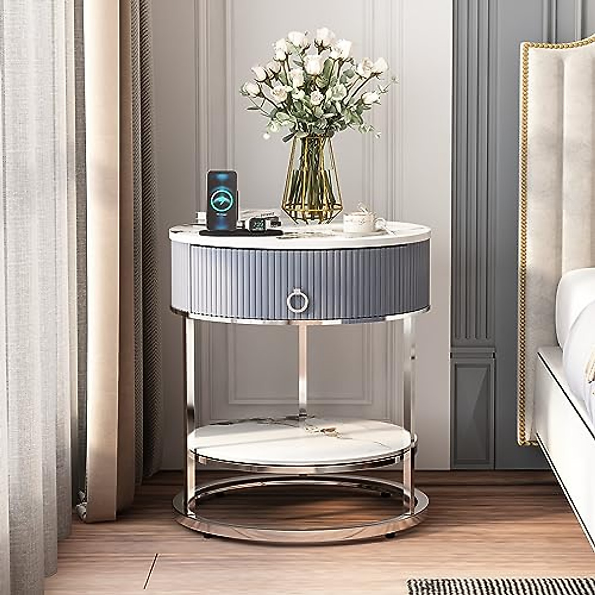 OIOG Modern End Table with Drawer, 2 Tier Side Table with Shelf, Round Nightstand with Sintered Stone Tabletop and Chrome Legs for Living Room, Bedroom, Home Office, Dorm, Silver