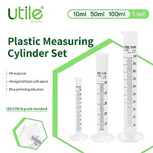 Utile Plastic Graduated Measuring Cylinder Set, 3 Sizes 10ml 50ml and 100ml, PP Material with Hexagonal Base and Blue Printed Graduation, 4099.0015.1.