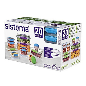 Sistema 20-Piece Food Storage Containers with Lids and Salad Dressing and Condiment Containers, Dishwasher Safe, Color May Vary