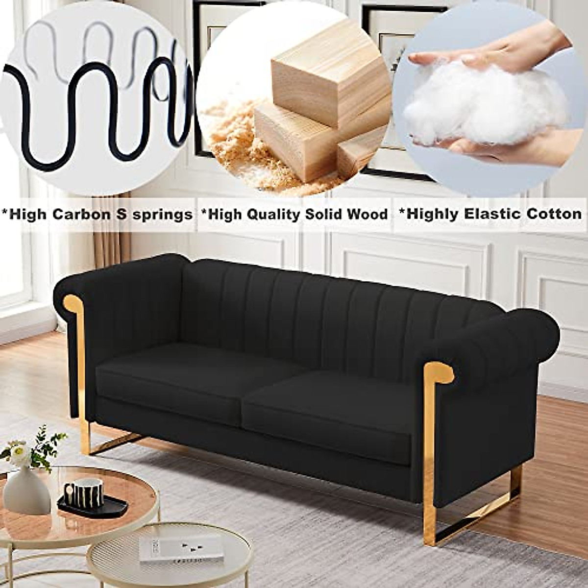 Tmosi 83'' Modern Velvet Upholstered Sofa Couch,3 Seat Sofa with Gold Stainless Steel Legs for Living Room,Bedroom,Apartment,Office (Black)