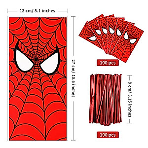 Lecferrarc 100 Pcs Spider Web Print Treat Bags Spider Cellophane Candy Bags Plastic Goodie Storage Bags Spider Hero Party Favor Bags with Twist Ties for Kids Hero Theme Birthday Party Supplies