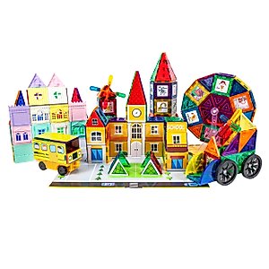 PicassoTiles Master Builder Magnetic Early Educational Toy Building Block Kit with 3 in 1 Playboard for Kid,Baby Ages 3 and Up, STEM Construction with School, Bus, Hospital, Police Station, 300 Piece