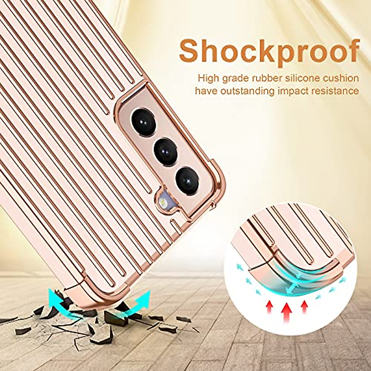 PTUONIU Kickstand Case for Samsung Galaxy S21 5G, [Two-Way Stand] [Reinforced Drop Protection] [Anti-Scratch] Slim Shockproof Stand Case with Camera Protector+Silicone Strap for Samsung S21- Gold