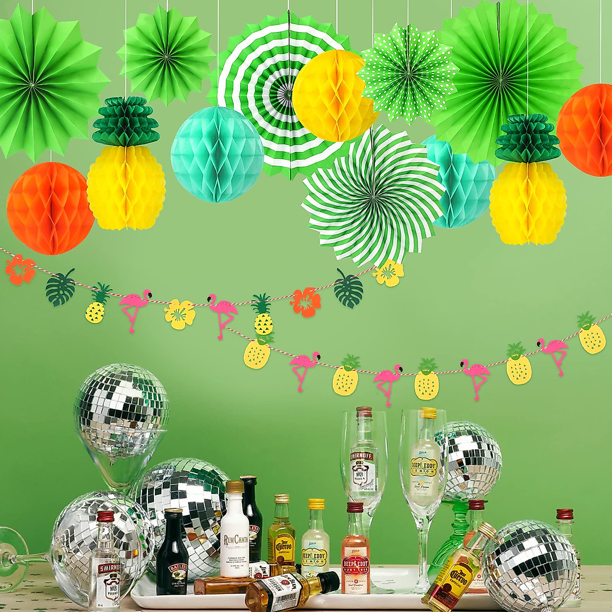 Anwyll Summer Hawaiian Party Decorations Set, Tropical Flamingo Banner Party Decorations,Hanging Paper Fans,Honeycomb Balls, Pineapple Decorations For Summer Luau Beach Party, Birthdays, Wedding