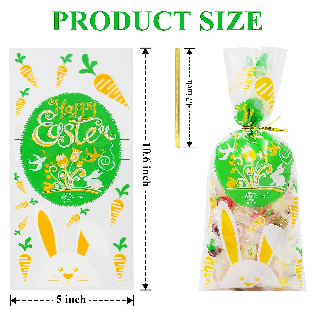 Artby7 50 Pack Easter Cellophane Bags, 5''x10.5'' Easter Treat Bags with Gold Twist Ties, Plastic Clear Cello Bags for Candy Goodie Easter Party Favor Supply Decoration