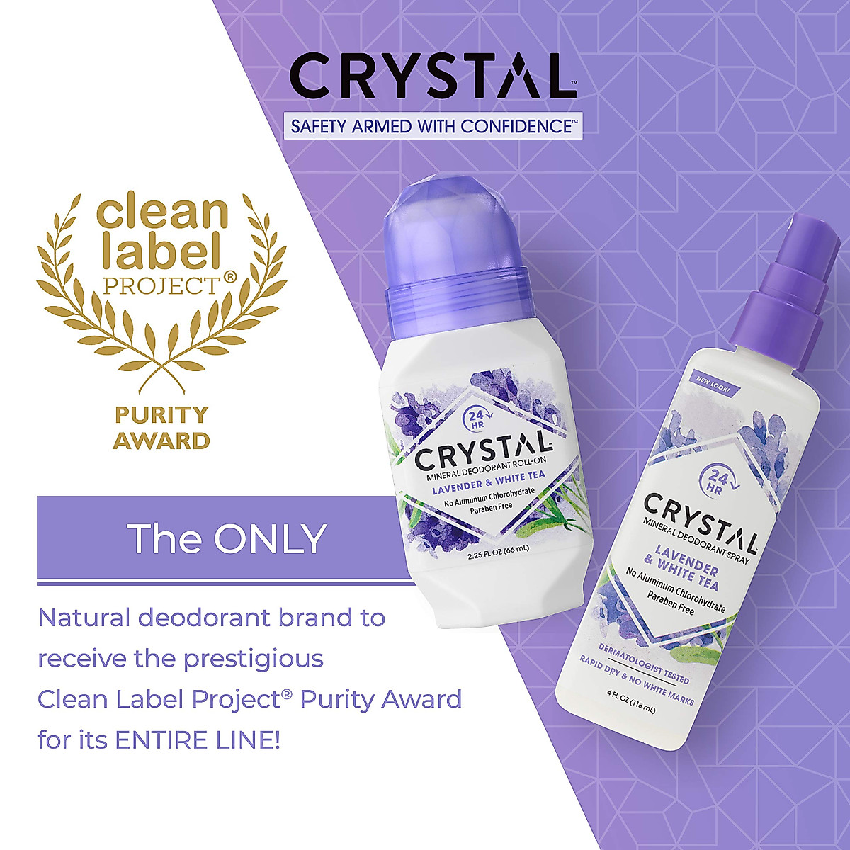 CRYSTAL Deodorant Aluminum Free Mineral Deodorant Roll-On for Women & Men, Lavender & White Tea - Paraben Free - Certified Cruelty Free & Vegan Deodorant - Prevents Odor Up to 24 Hours ,2.25 Fl Oz (Pack of 3),21661-3