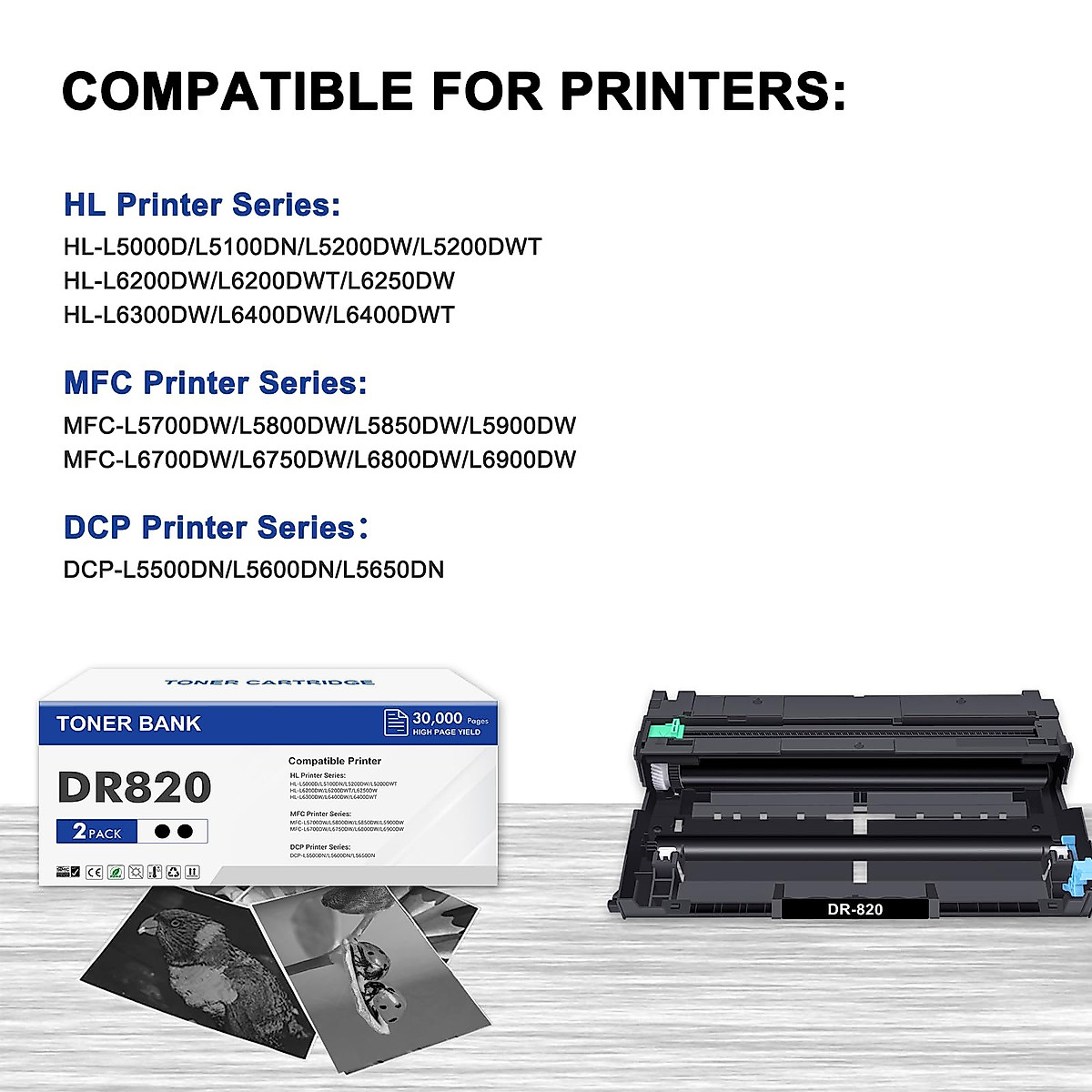 Toner Bank Compatible Drum Unit Replacement for Brother DR820 DR-820 DR 820 for Brother MFC-L5850DW HL-L6200DW HLL6200DW L6200DW MFC-L5900DW MFC-L5700DW HL-L5200DW L5200DWT Printer Drum Unit 2PK