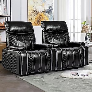 HOMYEDAMIC Recliner Chair Set of 2 with Massage Heated, Home Leather Movie Theater Seating Big High Loveseat Two Double Recliner Chair Sofa with USB Ports Cup Holders (9041-BLACK-2)