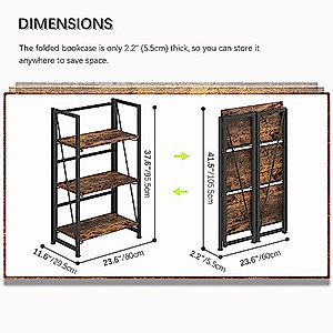 4NM No-Assembly Folding Bookshelf Storage Shelves 3 Tiers Vintage Bookcase Standing Racks Study Organizer Home Office (Rustic Brown and Black)