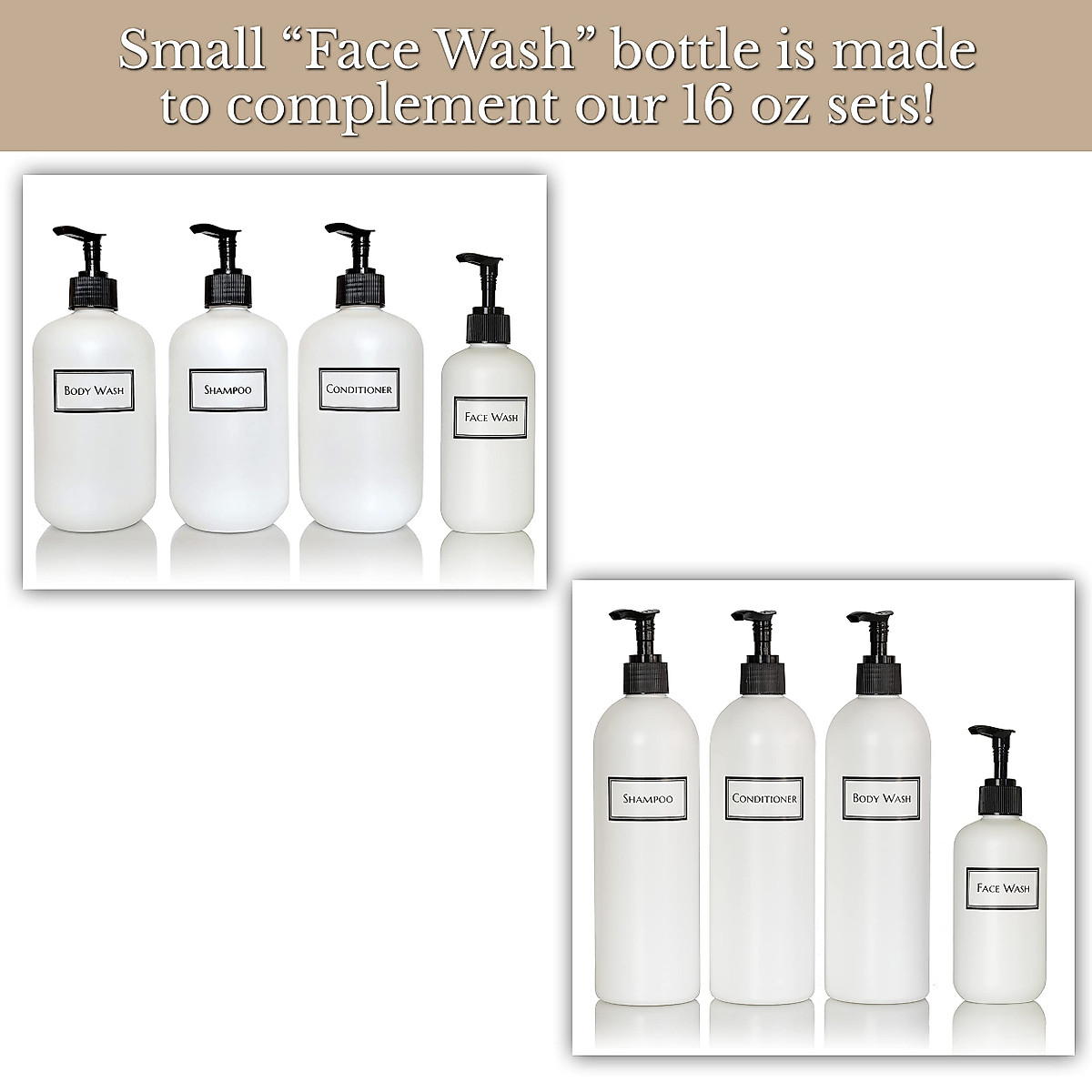 Artanis Home Silkscreened Empty Small Face Wash Bottle, 8 oz, White (Black Pump)