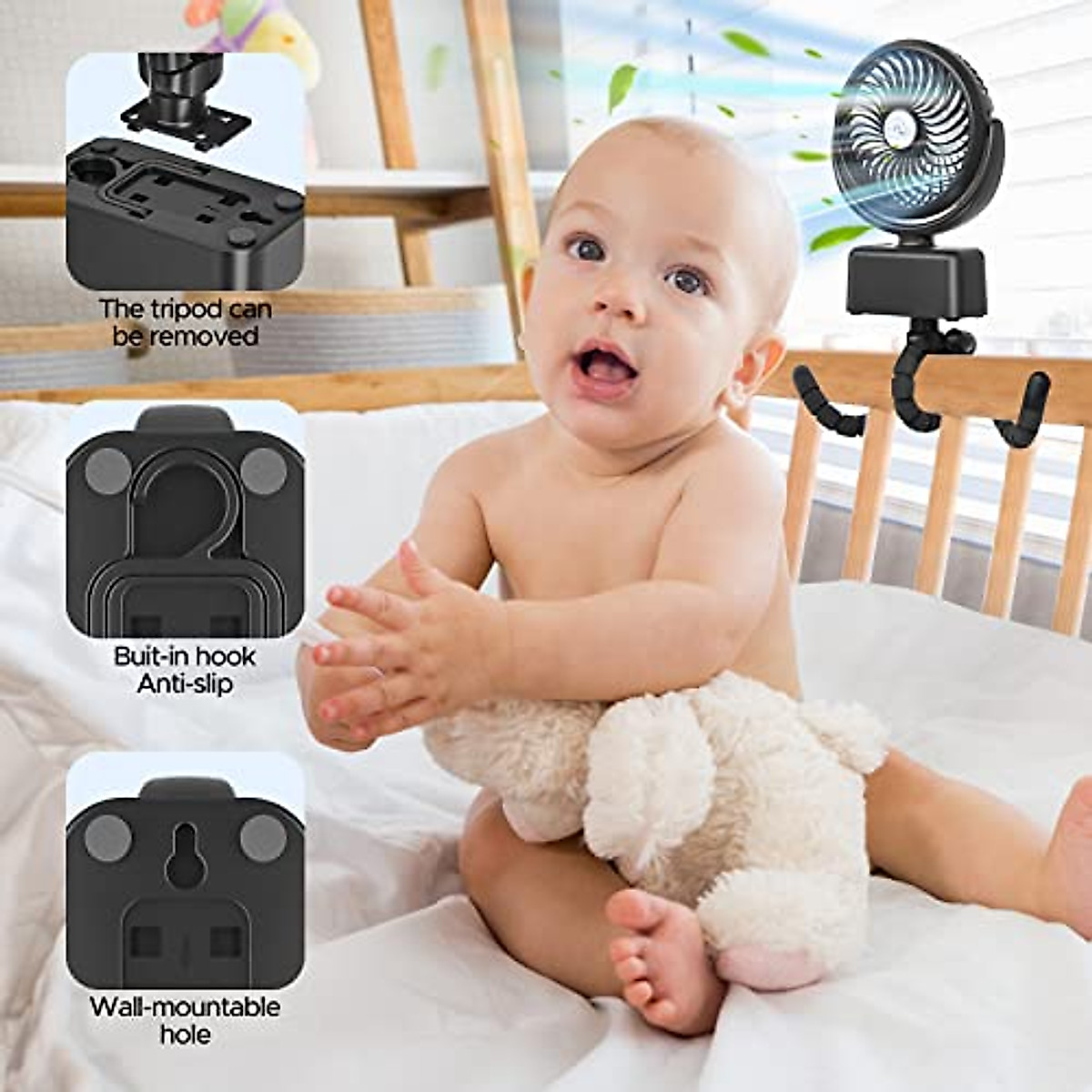 Battery Operated Stroller Fan with Flexible Tripod Clip On, 3 Speeds and 270°Auto Oscillating, Portable Personal Handheld Fan for Car Seat Crib Bike Treadmill……