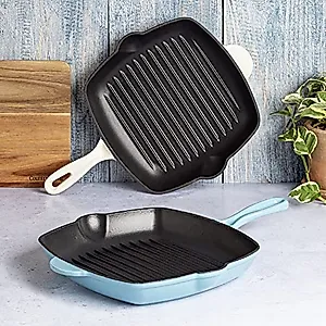 Country Living Enameled Cast Iron Square Griddle Grill Pan with Ridges, Helper Handle and Pouring Spouts for Easy Draining, Indoor Grilling Skillet, 11-Inch, Blue