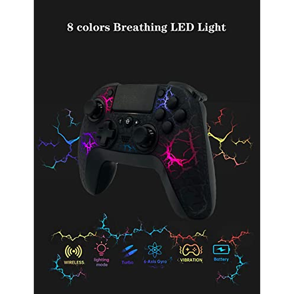 TJPD Wireless Controller for PS4, Wireless Remote Gamepad with Unique Cracked Design/8 Adjustable LED Colors/Programmable Back Buttons/Super Turbo/Dual Vibration, Widely Compatible with PS4/PC/iOS