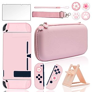 BRHE Cute Travel Carrying Case for Nintendo Switch Accessories Kit with Hard Protective Cover, Glass Screen Protector, Adjustable Stand and Thumb Grip Caps 10 in 1(Switch Pink)