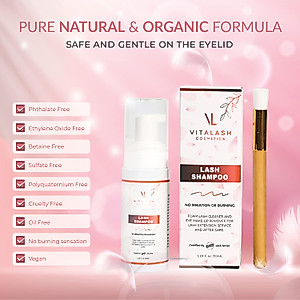 Vitalash Cosmetics Lash Extension Cleanser - Lash Shampoo for Lash Extensions - Lash Foam Cleanser for Extensions - Safe & Irritation Free - 50ML/1.69FL.oz + Brush