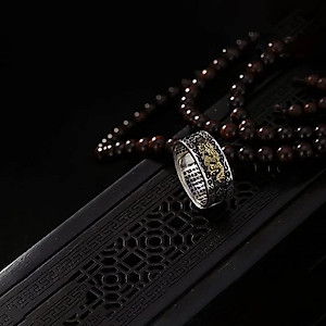 JUNTEN 990 Sterling Silver Feng Shui Dragon Mantra Ring for Women Men Buddhist Mani Adjustable Ring Wealth Lucky Jewelry