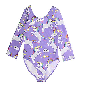 TENVDA Girls Gymnastics Leotards Size 4t 5t Sparkly Purple Unicorn Printed Long Sleeve Tumbling Outfit Winter Bodysuit