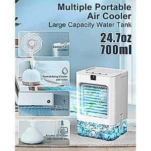 Portable Air Conditioners Fan, 700ml Evaporative Air Cooler, 7 Colors Light 3 Speeds Small Personal Air Conditioner, Quiet Mini Air Conditioner with Humidifier for Room Office Desk Camping