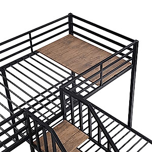 VilroCaz Modern Twin Over Twin & Twin Bunk Bed with Storage Shelves Staircase, Heavy Duty Metal Triple Bunk Bed Frame with Safety Guardrail for Kids Teens Adults, Multiple Storage Space (Black-6)