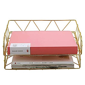 PAG 2 Packs Desktop File Organizer Metal Stackable Horizontal Letter Tray Paper Holder Rack, Gold