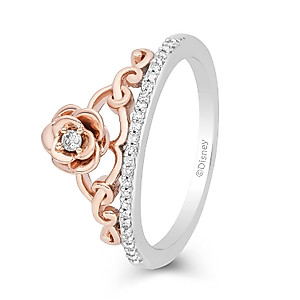 Jewelili Enchanted Disney Fine Jewelry 14K Rose Gold over Sterling Silver with 1/10 Cttw Diamond Belle Rose Ring Size 7